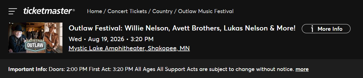 Outlaw Festival at Mystic Lake Shakopee, MN: Lineup & Tickets